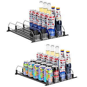 Drink Organizer for Fridge, Baraiser Self-Pushing Soda Can Organizer for Refrigerator, Pantry and More, Black 8 Rows