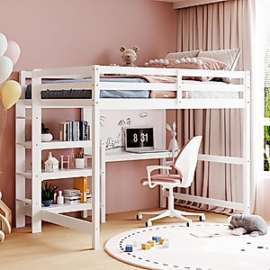 Full Size Loft Bed with Desk and Storage,Wood loft beds,for Girls Boys Teens Adults,No Box Spring Needed（White）
