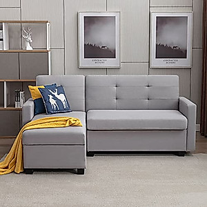 Merax Modern L-Shaped Reversible Couch with Storage Chaise, Sleeper Sofa Bed with Pull Out Mattress for Small Space Light Gray Sectional, Black