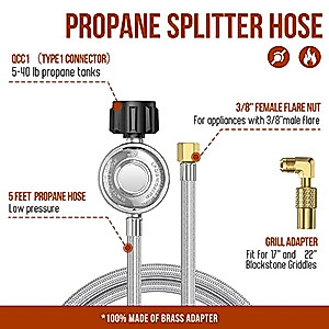 Alloxity 5ft Gas Grill Propane Adapter Hose with Regulator to 5-40lb Propane Tanks, QCC1 to 3/8 Female Flare Nut & Adapter for Blackstone Griddle 17/22'',Heater,Weber Grill Conversion Kit Replacement