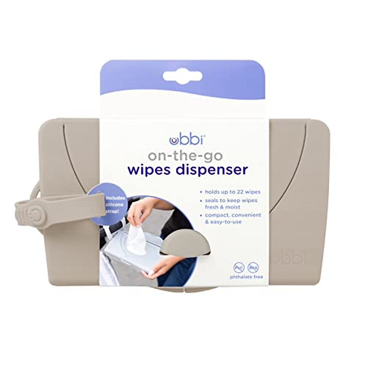 Ubbi On-The-Go Baby Wipes Dispenser, Portable Wipes Container for Travel, Diaper Bag Accessory Must Have for Newborns, Reusable Wipes Holder, Taupe