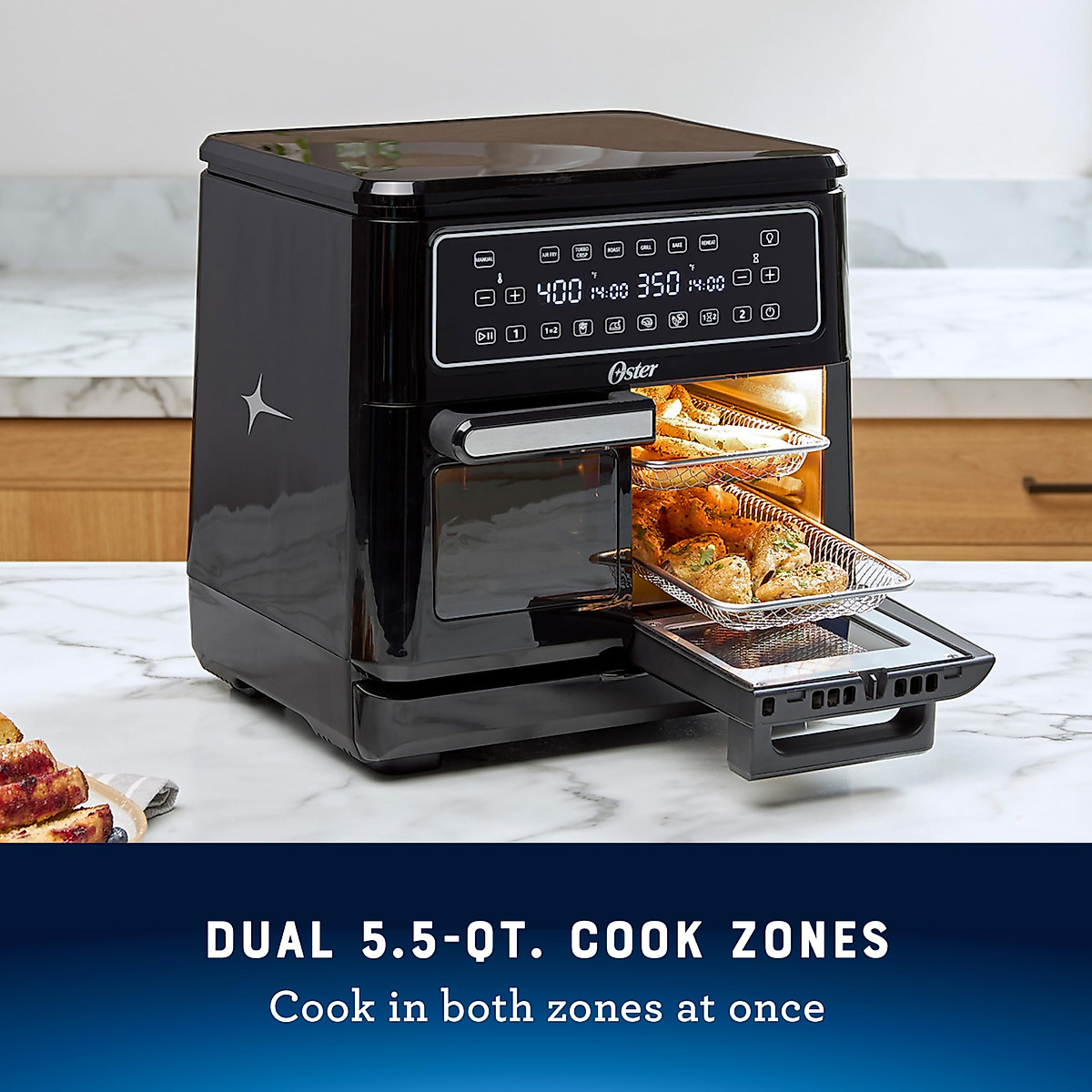 Oster 11-Quart Flex Air Fryer Oven, Dual Air Fryer with 2 Cooking Zones, Double Air Fryer with 6 Cooking Functions, Large Air Fryer with 2 Frying Baskets