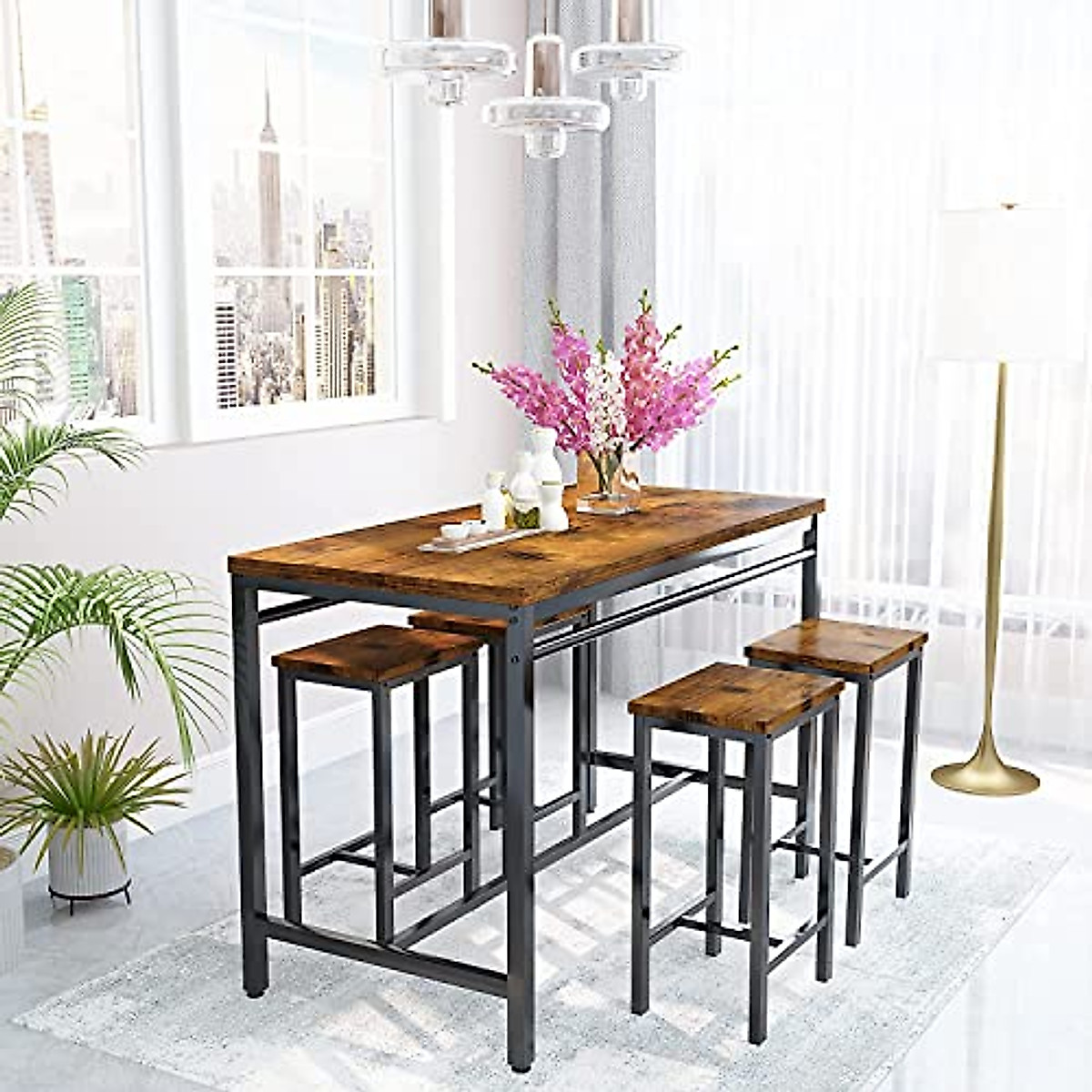 Lamerge Dining Bar Table Set for 4, Modern Counter Height Table and 4 Bar Stools, 5 Piece Bar Table and Chairs Set for Small Spaces, Apartment, Pub, Dining Room, Kitchen (Rustic Brown)