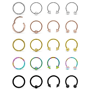 Lcolyoli 20Pcs 16G Surgical Steel Septum Piercing Nose Hoop Clicker Ring Lip Labret Conch Helix Cartilage Earring Hoop Jewelry for Women Men Horseshoe Silver-tone Black Rainbow 10mm 3/8inch