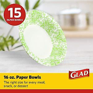 Glad Paper Bowls With Green Victorian Design, 15 Count | Disposable Paper Bowls for Parties and Picnics In Victorian Print | Microwave Safe Disposable Green and White Bowls