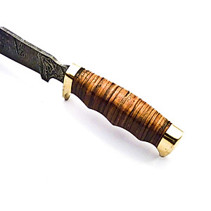 Skokie Knives Custom Hand Made Damascus Steel Hunting Knife Handle Leather Stacked with Brass Spacer (Stacked)