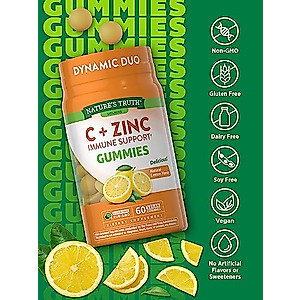 Vitamin C Gummies with Zinc for Adults | 60 Count | Immune Support Supplement | Vegan, Non GMO & Gluten Free | by Natures Truth