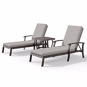 ZEPYARD Aluminum Patio Chaise Lounge Set of 3, Armrest Lounge Chair with Adjustable Backrest for Outside, All Weather Aluminum Lounge Chair for Deck Beach Poolside-Greige Cushion