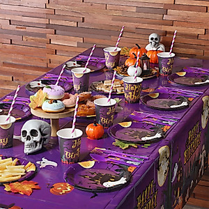 Pajean 277 PCS Halloween Party Supplies Full Set Halloween Happy Birthday Decoration Backdrop Balloons Disposable Plates Tablecloth for Halloween Home Decor and Tableware, Serves 24