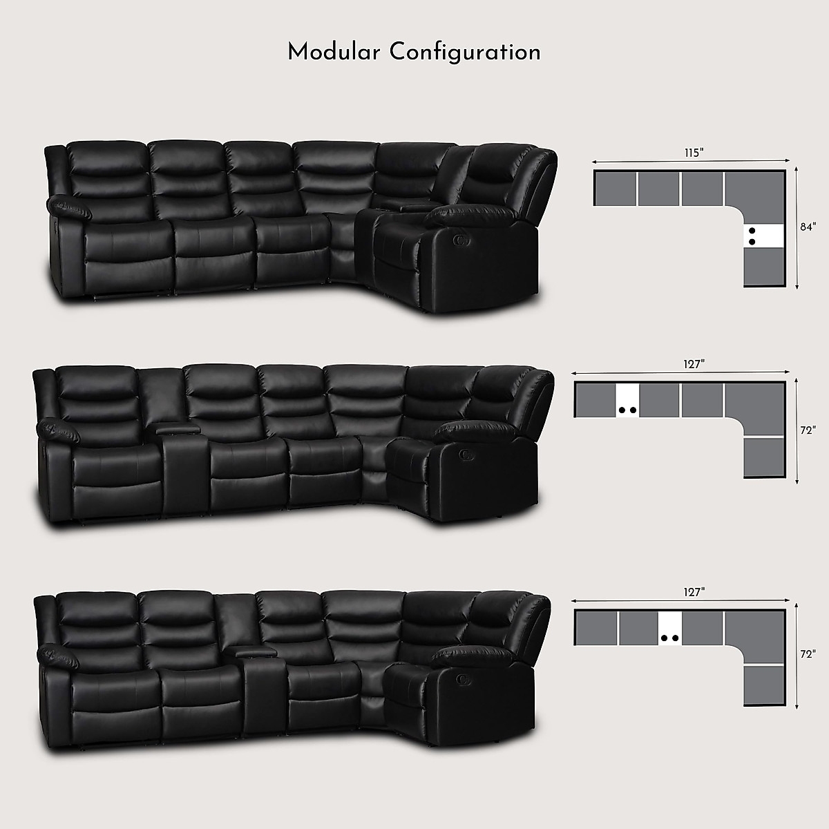 Recliner Sectional Sofa, Faux Leather Manual Reclining Sectional Couch, Modular Livingroom Furniture Sets with 1 Storage Console & 2 Cup Holders (Black)