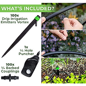 CARPATHEN Drip Irrigation Emitters Vortex - 100 pcs Drip Sprinkler Head for 1/4 inch Drip Irrigation Tubing + 1/4 Drip Irrigation Tubing - 100 ft Black Drip Irrigation Hose