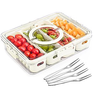 BRIFUFOUS Divided Serving Tray with Lid and Handle - Portable Snackle Box Charcuterie Container, Veggie Snack Box, Travel Snack Box Organizer, Multipurpose Storage Boxes with 4 Compartments & 4 Forks