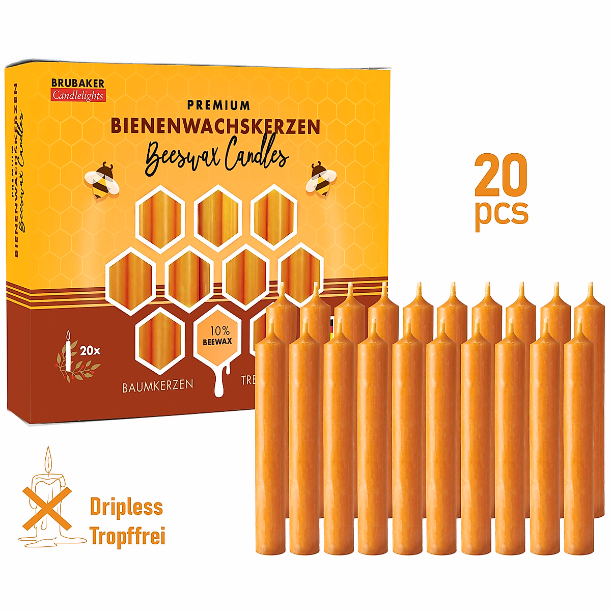 BRUBAKER 10% Beeswax Tree Candles - Pack of 20 - Honey Colored - 3¾ x ½ Inch (9.5 x 1.27cm) - Made in Europe - Pyramids, Carousels & Chimes