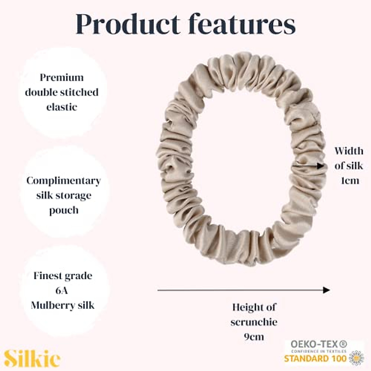 SILKIE x4 Set 100% Pure Mulberry Silk Black Brown Skinny Scrunchies Travel Pouch Everyday Hair Ties Elastics Hair Care Ponytail Holder No Damage (Chocolate)