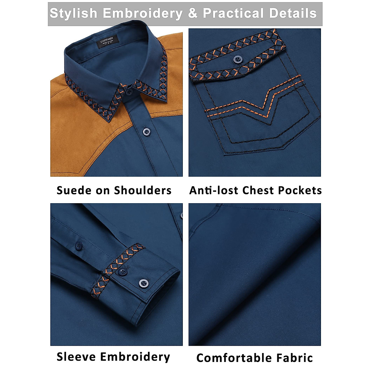 COOFANDY Mens Shirt Western Cowboy Embroidered Long Sleeve Slim Fit Casual Cotton Button Down Hippie with Pockets, Blue, Large, Long Sleeve