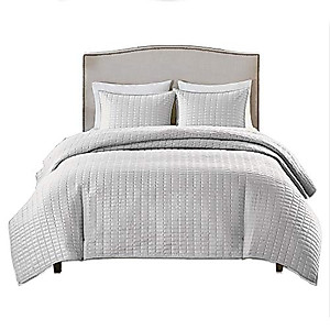 Comfort Spaces Kienna Quilt Set-Luxury Double Sided Stitching Design Summer Blanket, Lightweight, Soft, All Season Bedding Layer, Matching Sham, Gray, Coverlet Full/Queen(90"x90") 3 Piece