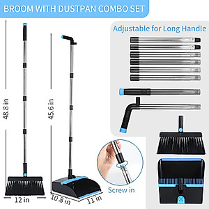 VOOWO Broom with Dustpan Combo Set, Broom and Dustpan Set for Home, Kitchen Broom for Sweeping Indoor Outdoor, Dust Pan with Long Handle, Broom with Dustpan for Office Lobby Floor Cleaning (Blue)