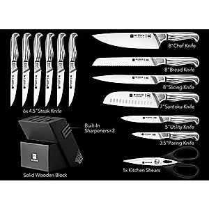 WIZEKA Kitchen Knife Set with Block, NSF Certified 15pcs German Steel 1.4116 Knife Block Set, Professional Chef Knife Set with Built-in Sharpener, Starry Sky Series