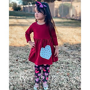fioukiay Girls Valentine's Day Clothes Outfit Toddler Girl Ruffle Love Heart Top with Trim Legging Set (Wine Heart, 7-8 Years)