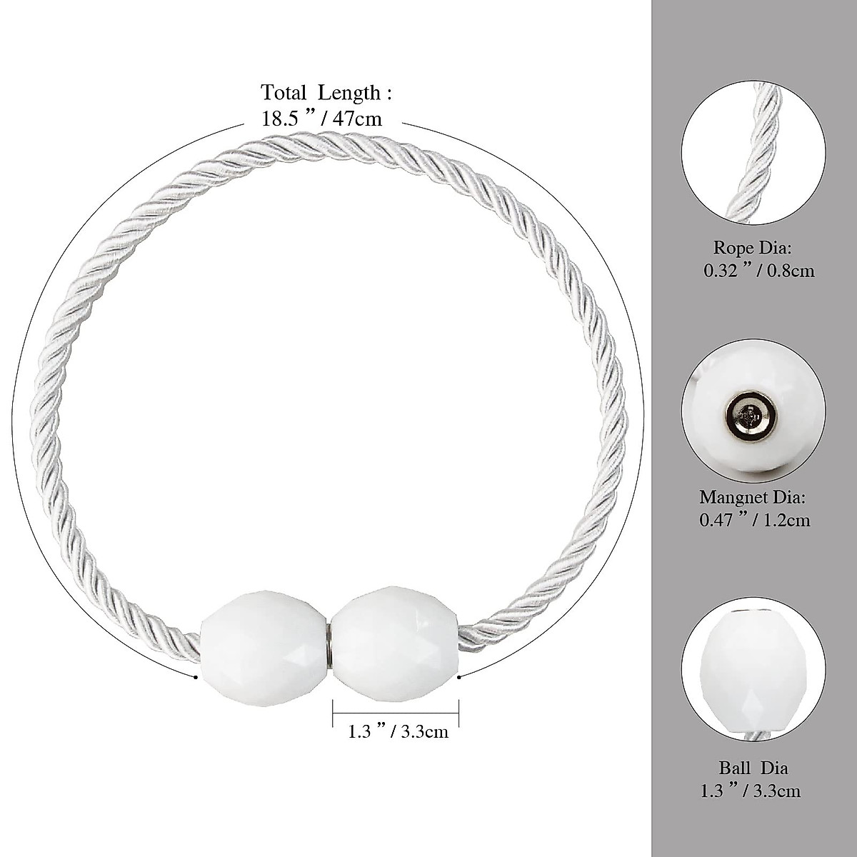 Hangtty 6 Pack Strong Magnetic Curtain Tiebacks Rope Decorative Curtain Tie Backs Magnetic Curtain Holders for Drapes Window Treatment Holdbacks, White