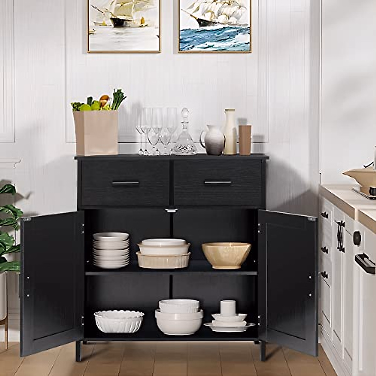 Quimoo Storage Cabinet, Bathroom Floor Cabinet with 2 Doors & Adjustable Shelves, Bathroom Storage Cabinet with 2 Doors for Living Room, Home Office, Black