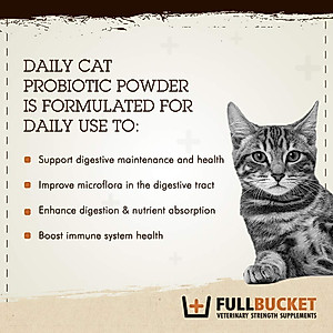 FullBucket Daily Cat Probiotic Powder - Digestive Supplement for Diarrhea, Gas and Supporting Gut & Stomach Health with Prebiotics & Enzymes, 30 Servings