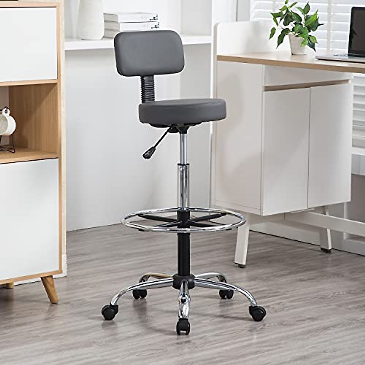 Venus Drafting Stool Chair, Rolling Stools with Wheels, Stools with Backs, Tall Adjustable Office Chair Workbench Stool with Back Support Adjustable Chair Work Stool with Chrome Footrest - Gray