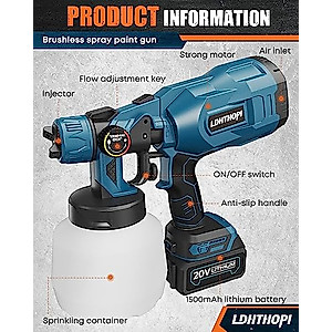 LDHTHOPI Cordless Paint Sprayer Gun, 20V 3.0Ah Battery Operated Paint Sprayer, 1200ML High Pressure Cordless Paint Sprayer Handheld, 5 Nozzles&3 Patterns for Wall, Fence, Car, Carbinet, Door