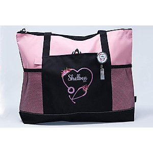 Personalized Nurse with Heart Stethoscope, CNA, RN, LPN Tote Bag with Mesh Pockets, Custom Printed