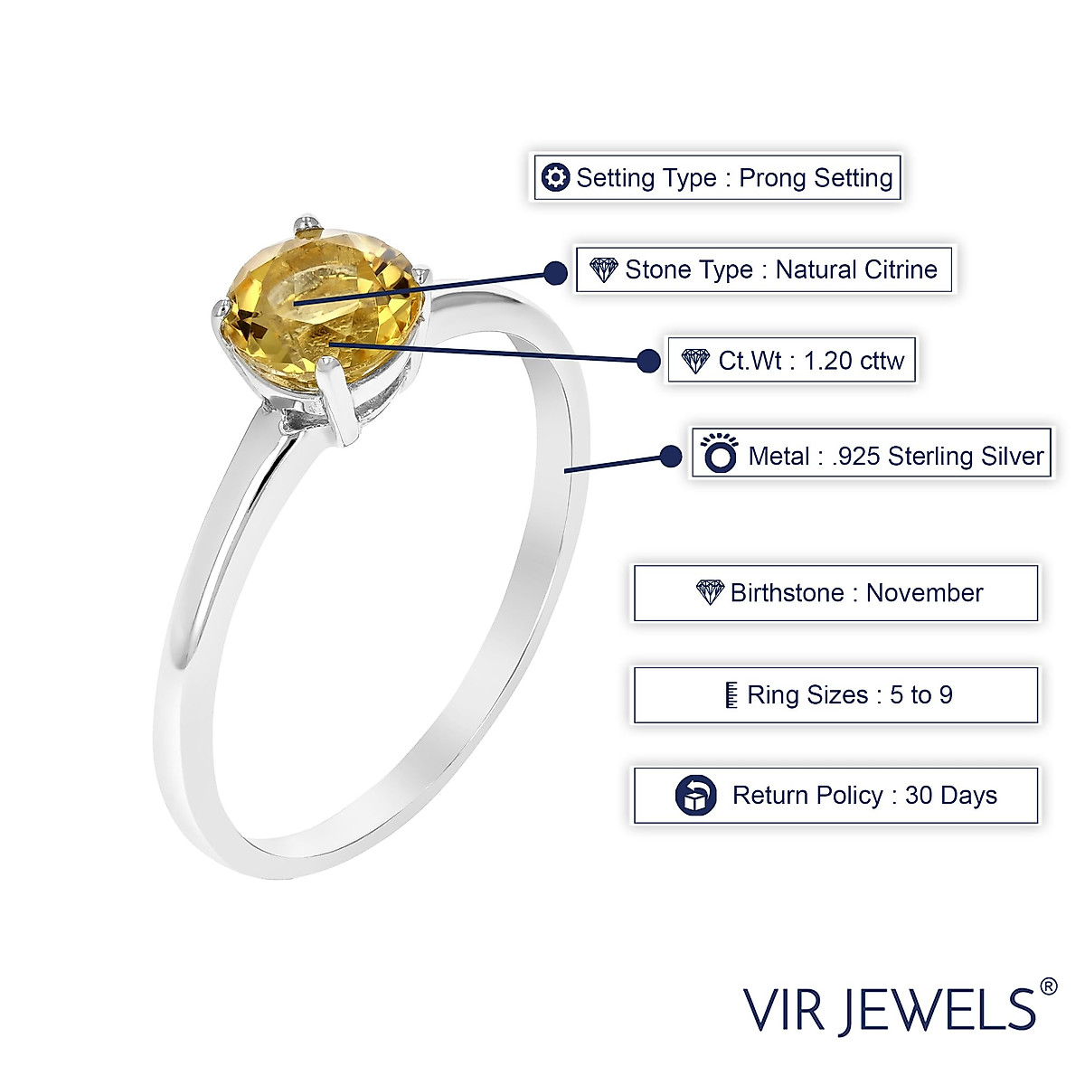VIR JEWELS 1.20 cttw Citrine Ring .925 Sterling Silver with Rhodium Solitaire Round 6 MM Size 7