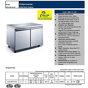 Under Counter Freezer 36" Stainless Steel Commercial Freezer NSF 2 doors 2 shelves, capacity 8 cuft 0°F to -8°F 115V/60HZ Restaurant- UUC36F