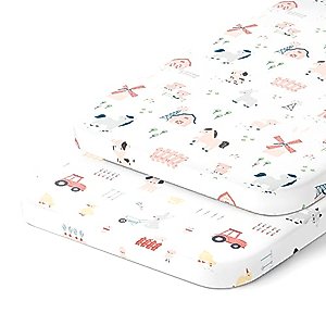 Bedside Sleeper Bassinet Fitted Sheets 33x20 for Maxi COSI Iora, Koola Baby, Baby Joy, Angelbliss, Kidsclub Bedside Bassinet – 100% Jersey Cotton – Farm Animals – 2 Pack