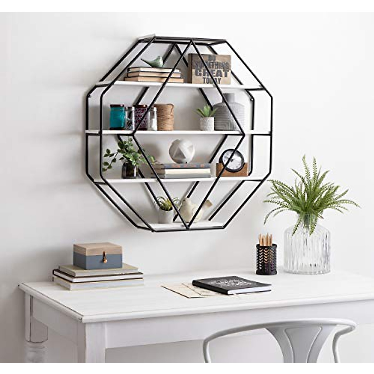 Kate and Laurel Lintz Large Octagon Shaped Floating Wood Book Shelves for Decorative Wall Storage, Black Metal Frame with White Shelves
