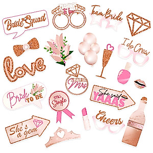 Qpout Bridal Shower Photo Booth Props Kit(21 Count), Rose Gold Wedding Hen Party Funny Selfie Props, Bride to Be Night Party Photo Props Decoration Accessories, with Bamboo Sticks& Stickers