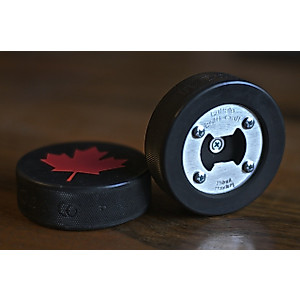 Canadian Maple Leaf Bottle Opener, Made from a real Hockey Puck