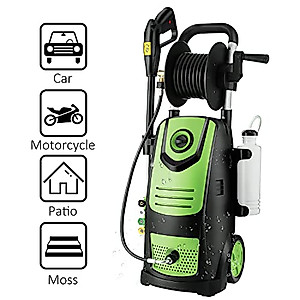 Electric Pressure Washer Suyncll Power Washer 1800W High Pressure Washer, Professional Washer Cleaner with 5 Interchangeable Nozzle & Hose Reel, Best for Cleaning Patio, Garden,Yard Green