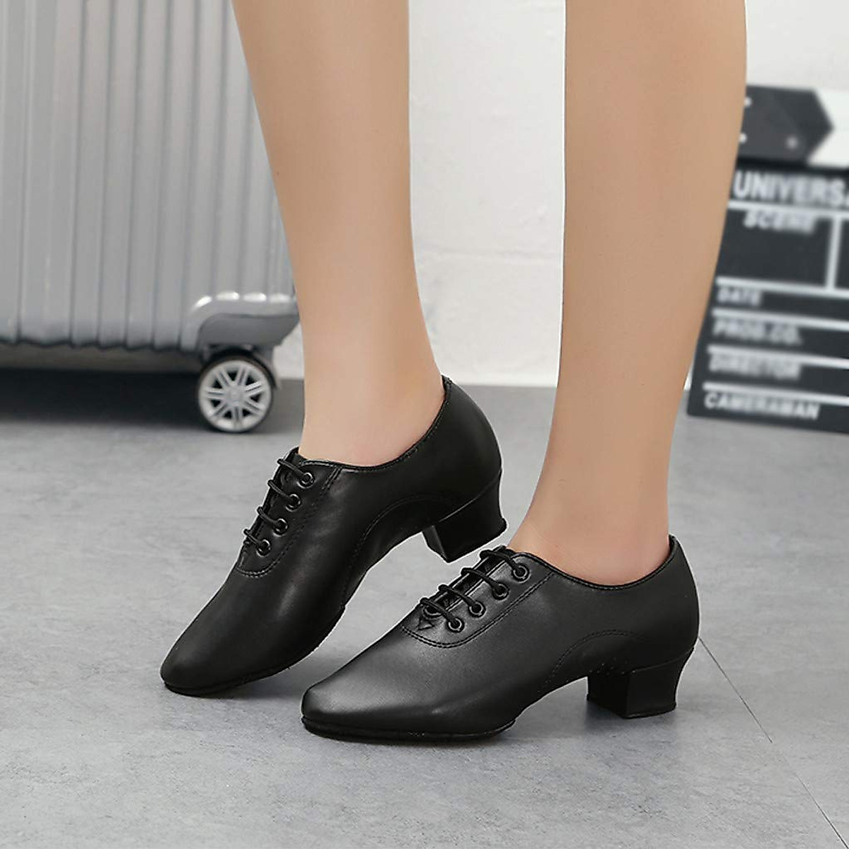 Hbeylia Womens Professional Latin Salsa Ballroom Modern Character Dance Shoes Fashion Leather Lace Up Tap Shoes Ladies Party Wedding Pump Shoes for Bride Black