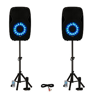 Acoustic Audio by Goldwood AA15LBS 15 Inch 1000W Bluetooth LED Speaker System (2 Pack) with RCA25 Pro Audio 25 Foot Stereo Cables, Red & White
