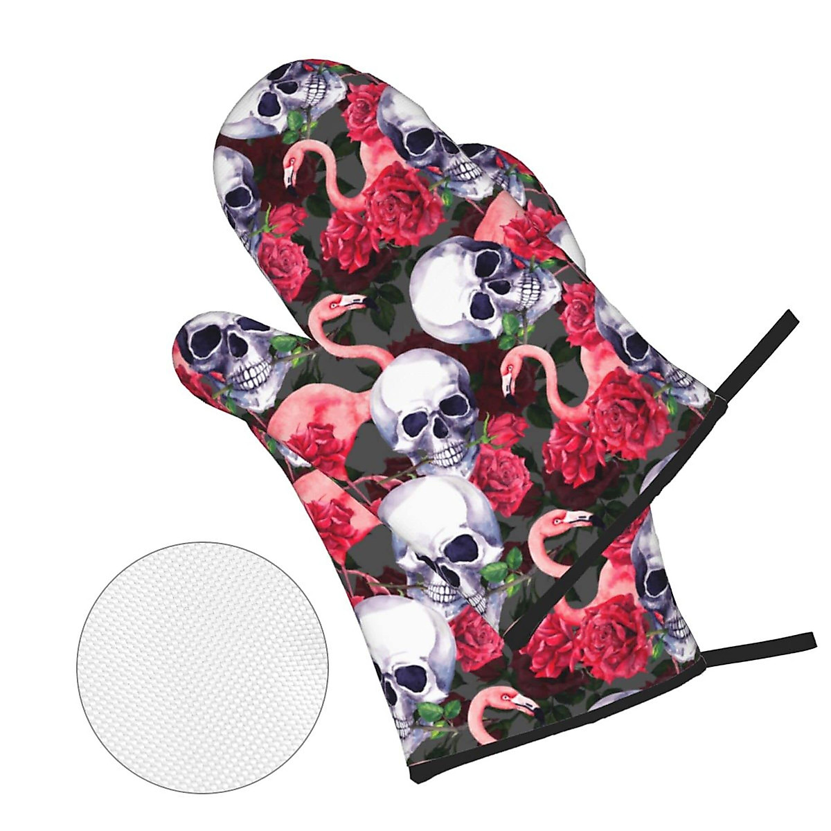LAKIMCT Flamingo Red Rose Skull Oven Mitts and Pot Holders Sets Non-Slip Potholders Heat Resistant Oven Gloves for Kitchen Baking Cooking BBQ, 4-Piece Set