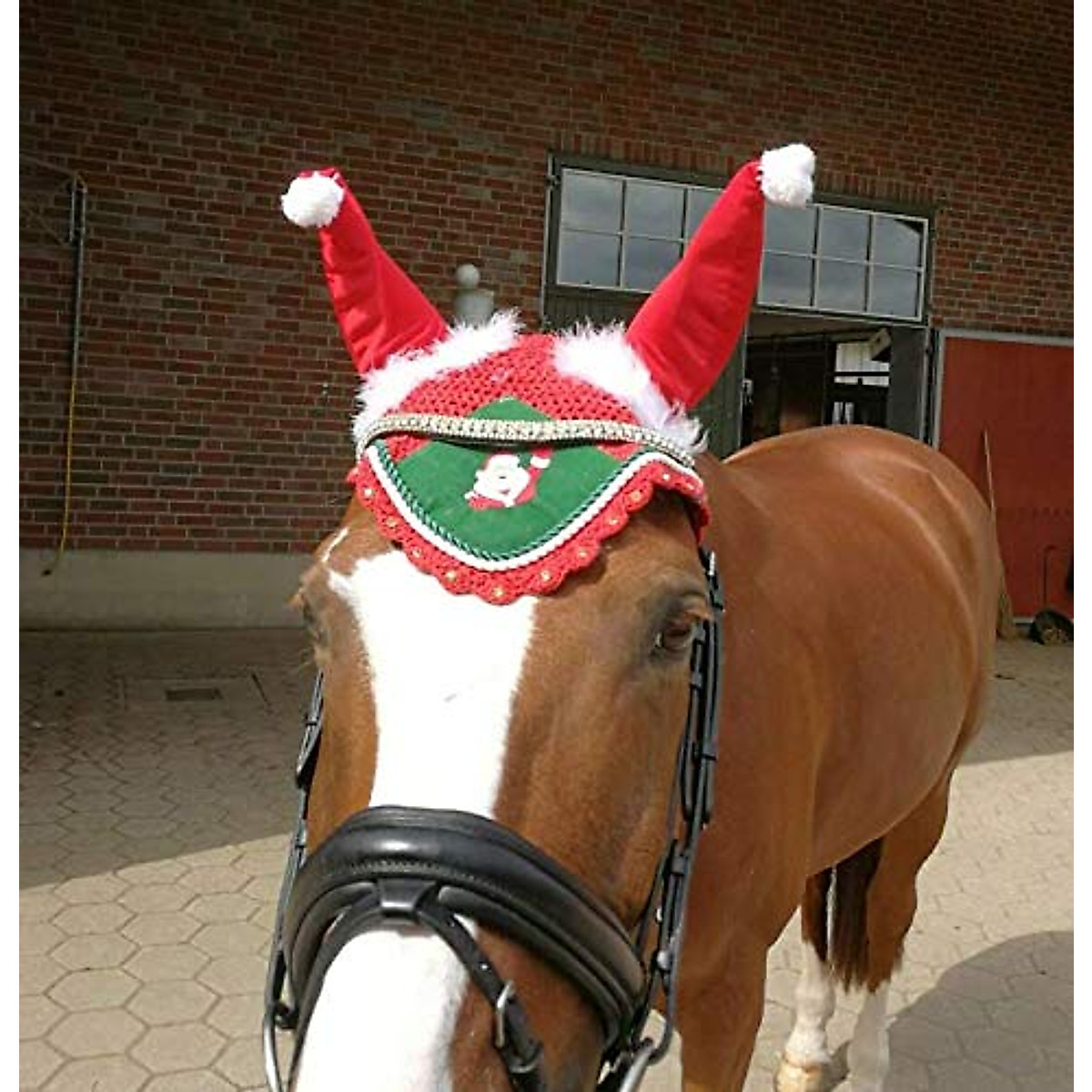 Lift Sports Horse Christmas Santa Claus Saddle PAD Set with Matching Fly Bonnet Ear NET Cotton Hand Made Crochet Fly Veil Hood MASK Equestrian Shows Breathable Cotton (Full/Horse)