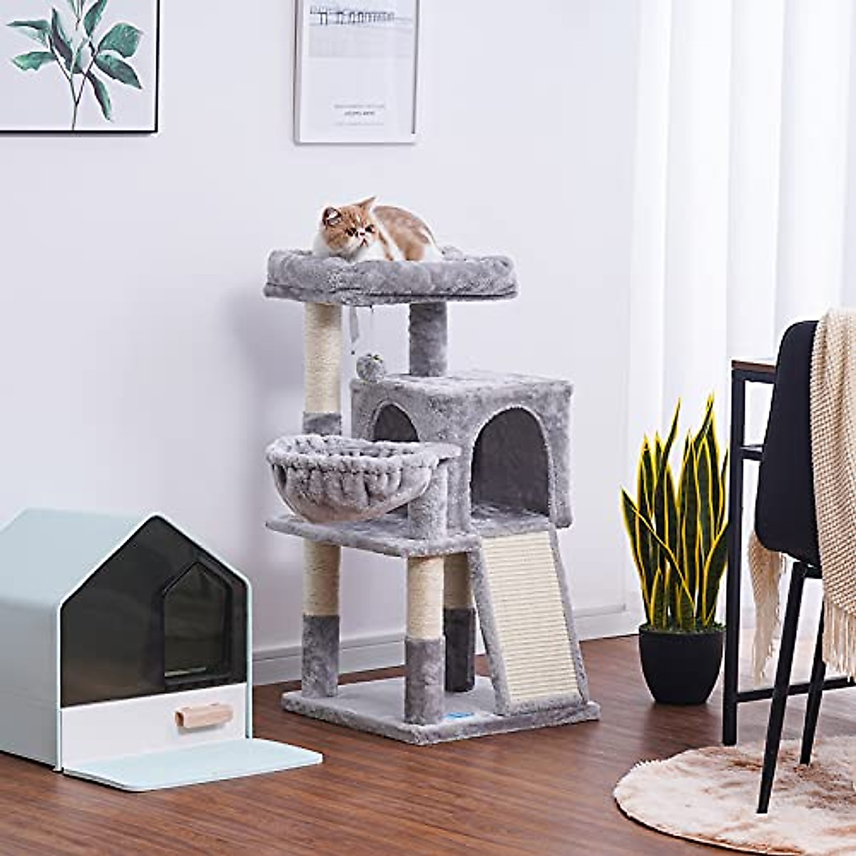 Hey-brother Cat Tree with Sisal Scratching Posts, Cat Tower with Scratching Board,Multi-Level Cat Condo with Basket,Light Grey MPJ014W