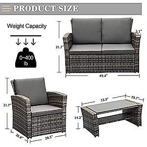Vakollia 4 Piece Outdoor Patio Furniture Sets, Wicker Rattan Conversation Sofa Set with Table & Chair for Backyard Balcony Garden Poolside Porch (Grey-Dark Grey)