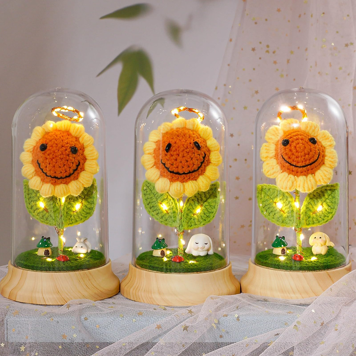 Levvohd Crochet Sunflower Gifts for Women, Artificial Sun Flower Birthday Gifts for Grandma, in Plastic Dome Sunflower, for Her Mom Mothers Day Christmas Day Gifts (B - Sunflower 4.3 in X 7.5 in)