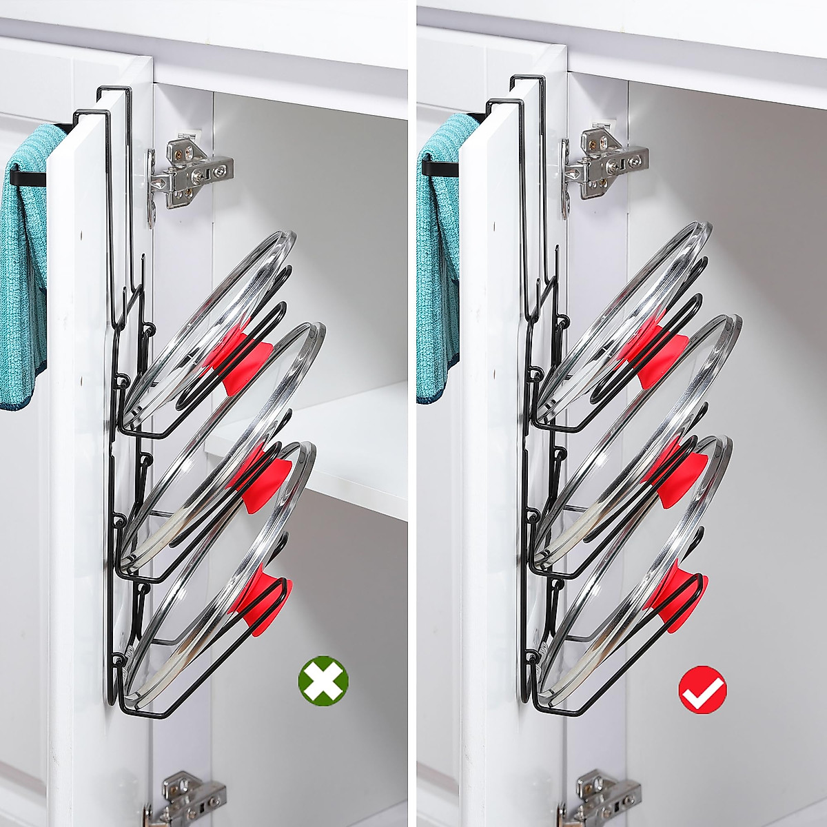 YIGII 2 Pack Cabinet Door Pot Lid Organizer/Pot Lid Holder - Over the Door Lid Organizer for Storage Pot And Pan Cover, Inside the Cabinet-Hanging 6-Tier Pot Lid Rack, Black