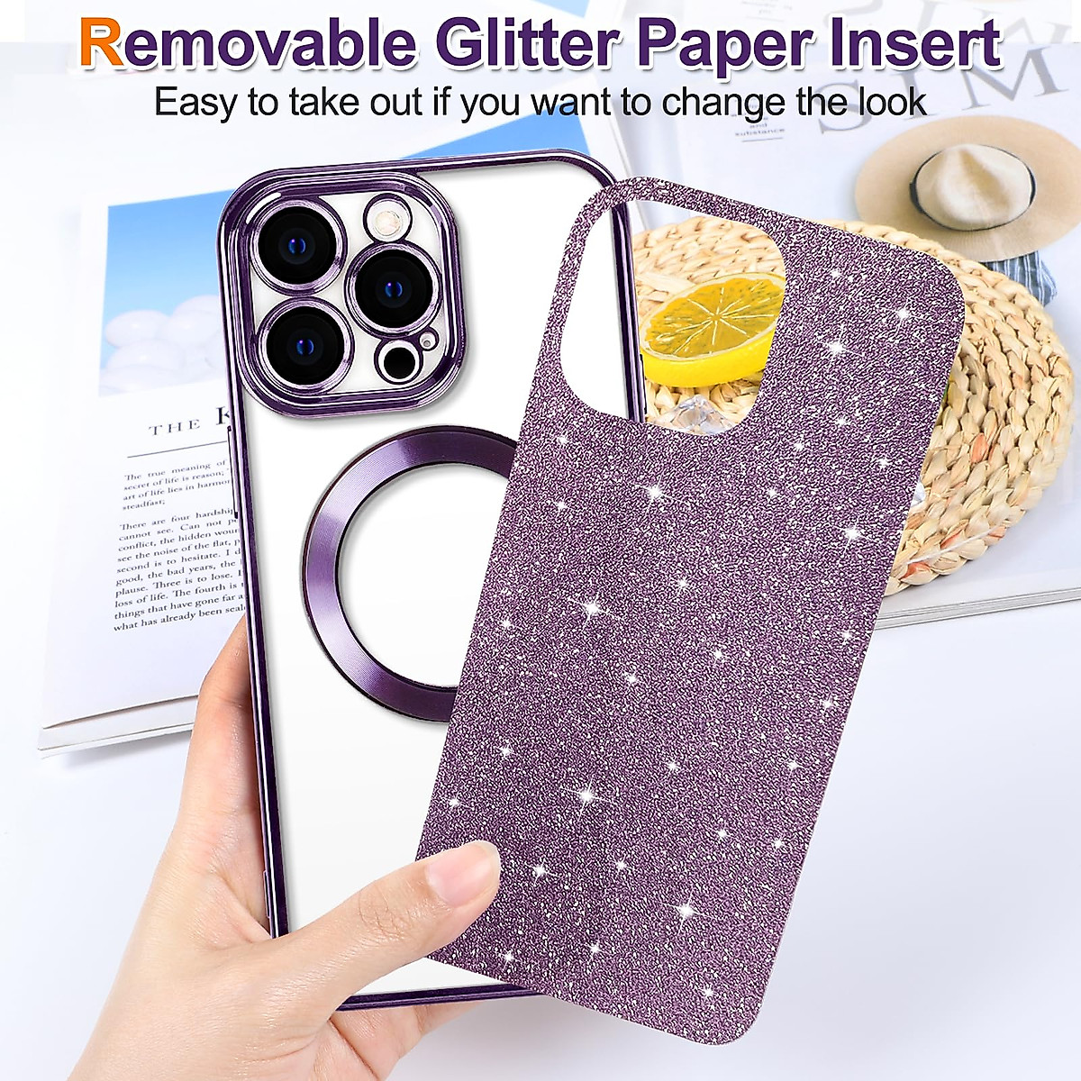Hython for iPhone 14 Pro Max Case Glitter, Clear Magnetic Phone Cases with Camera Lens Protector [Compatible with MagSafe] Bling Sparkle Plating Soft TPU Slim Shockproof Protective Cover Women-Purple