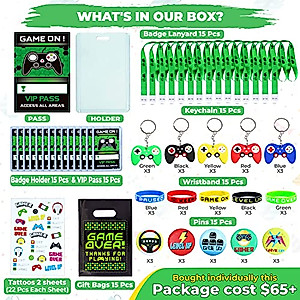 Empire Party Supply 136 Pcs Video Game Party Favors for Kids, Gaming Party Favors - 15 set of VIP Pass Holder Keychain Wristband Button Pins Treat Bags Tattoos, Game On Themed Gamer Boys Birthday Goodie Bag Fillers