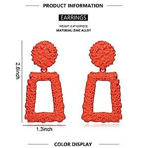 KELMALL Raised Design Drop Dangle Statement Earrings for Women Classic Metallic Geometric Rectangle Earring- Neon Orange