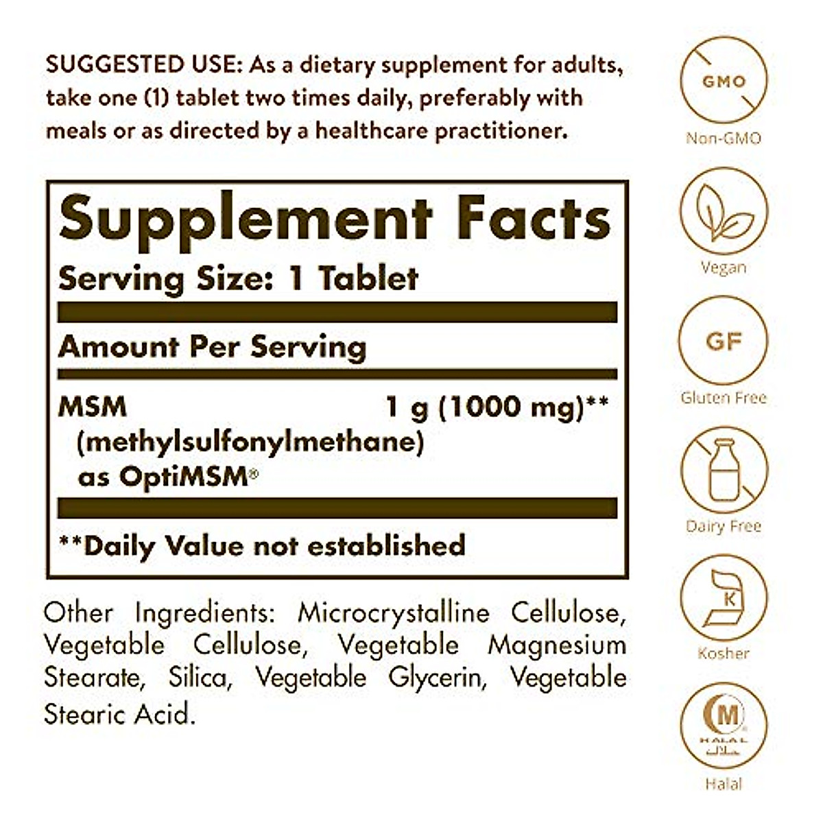 Solgar MSM 1000 mg, 120 Tablets - Supports Joints & Connective Tissue - Non-GMO, Vegan, Gluten Free, Dairy Free, Kosher, Halal - 120 Servings