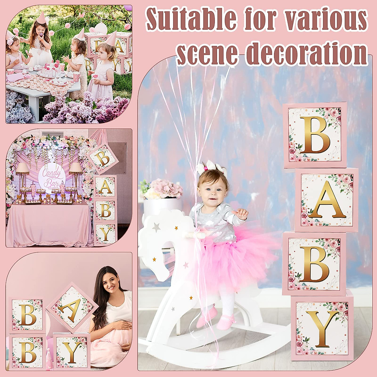 Baby Boxes with Letters for Baby Shower, Rustic Floral Pink Baby Shower Backdrop Blocks Box Birthday Party Gender Reveal Photo Props for Baby Girl Boy Shower Decorations