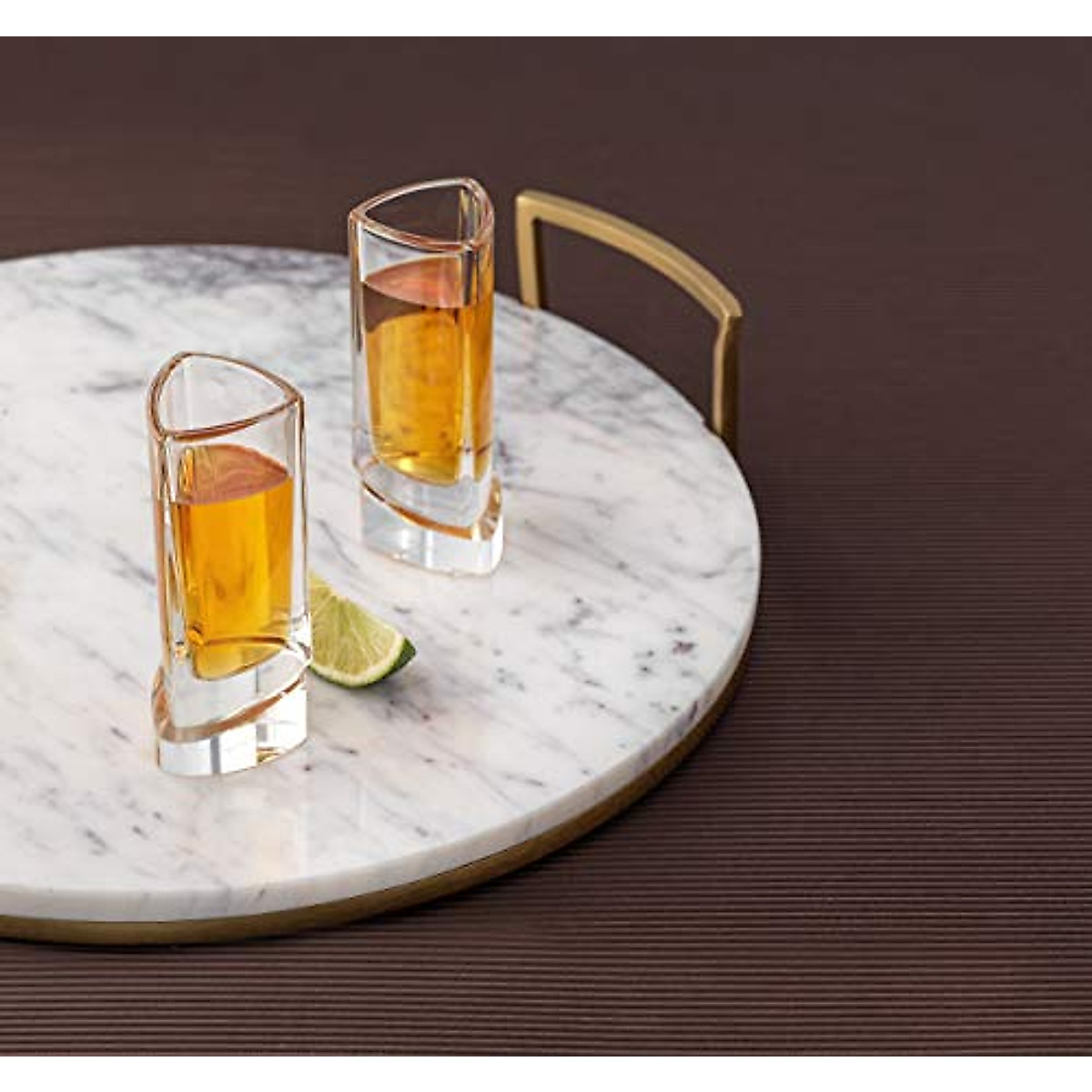 JoyJolt Aqua Vitae Shot Glass Set of 4. Crystal Shot Glasses, Triangle Clear Shot Glasses Set with Off Set Base. 1 – 2 oz Cups for Tequila, Limoncello, Vodka or Aperitif. Fun Christmas Gifts